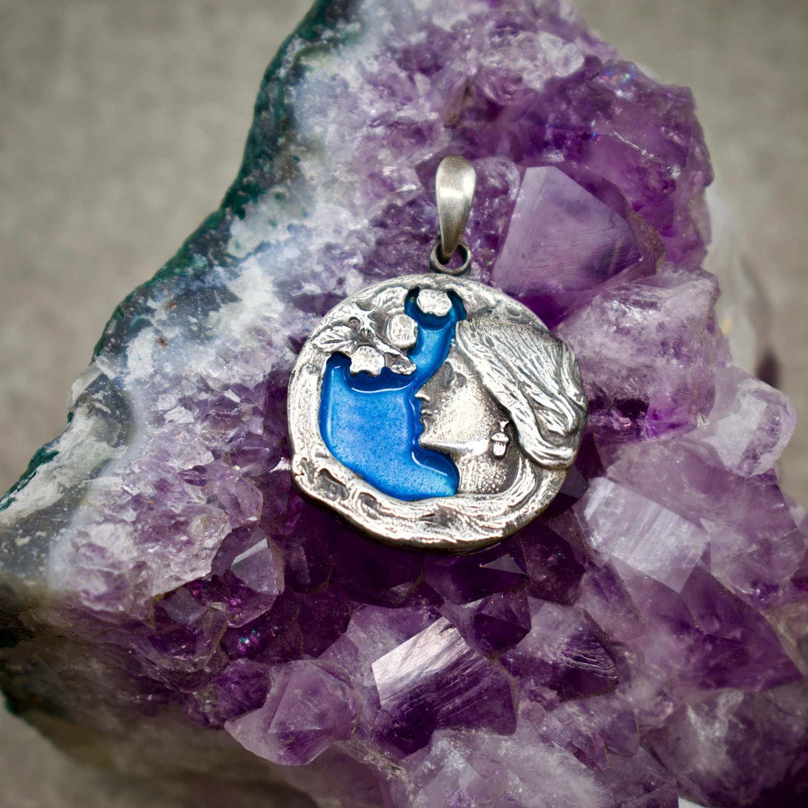 Art Nouveau Armand Bargas Sculpture Blue Glass Enamel Pendant in Fine ...