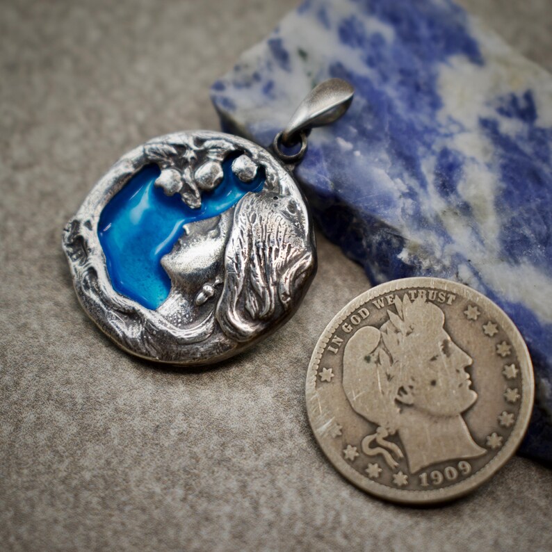 Art Nouveau Armand Bargas Sculpture Blue Glass Enamel Pendant in Fine ...