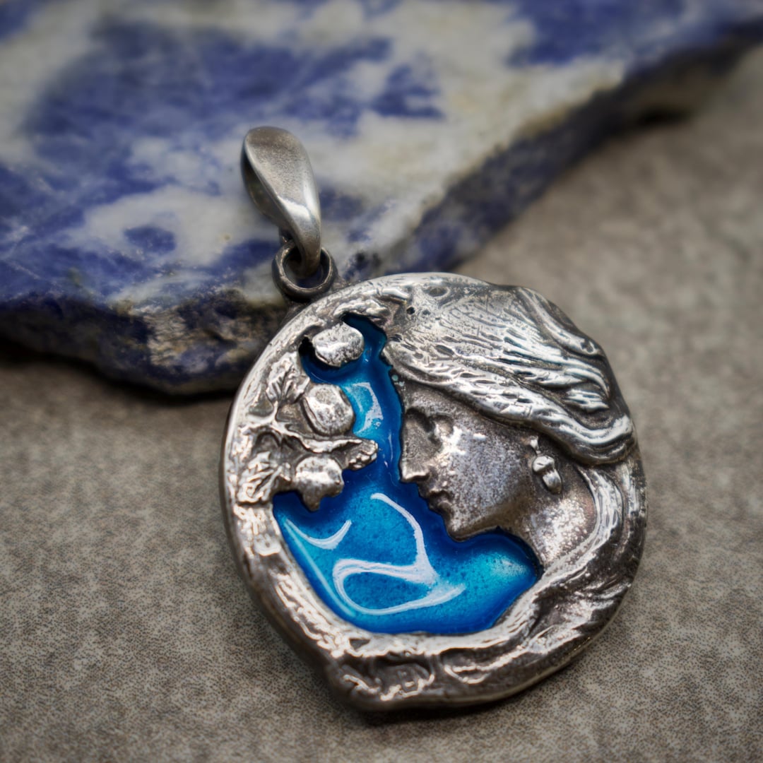 Art Nouveau Armand Bargas Sculpture Blue Glass Enamel Pendant in Fine ...
