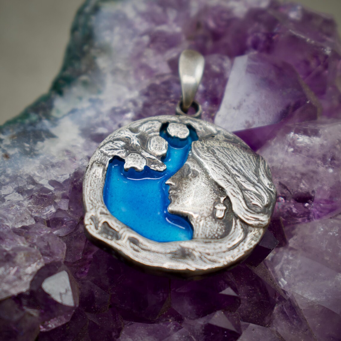 Art Nouveau Armand Bargas Sculpture Blue Glass Enamel Pendant in Fine ...