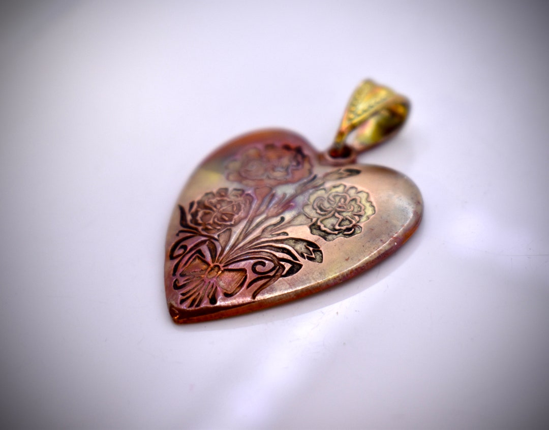 Hearts & Flower Art Carved Copper Pendant - Etsy