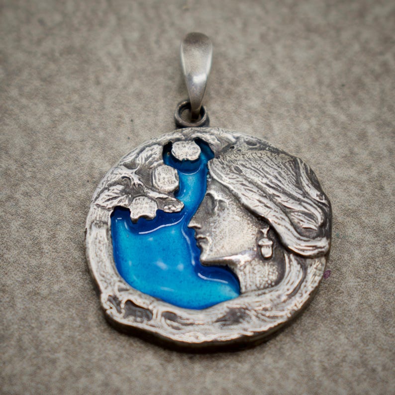 Art Nouveau Armand Bargas Sculpture Blue Glass Enamel Pendant in Fine ...