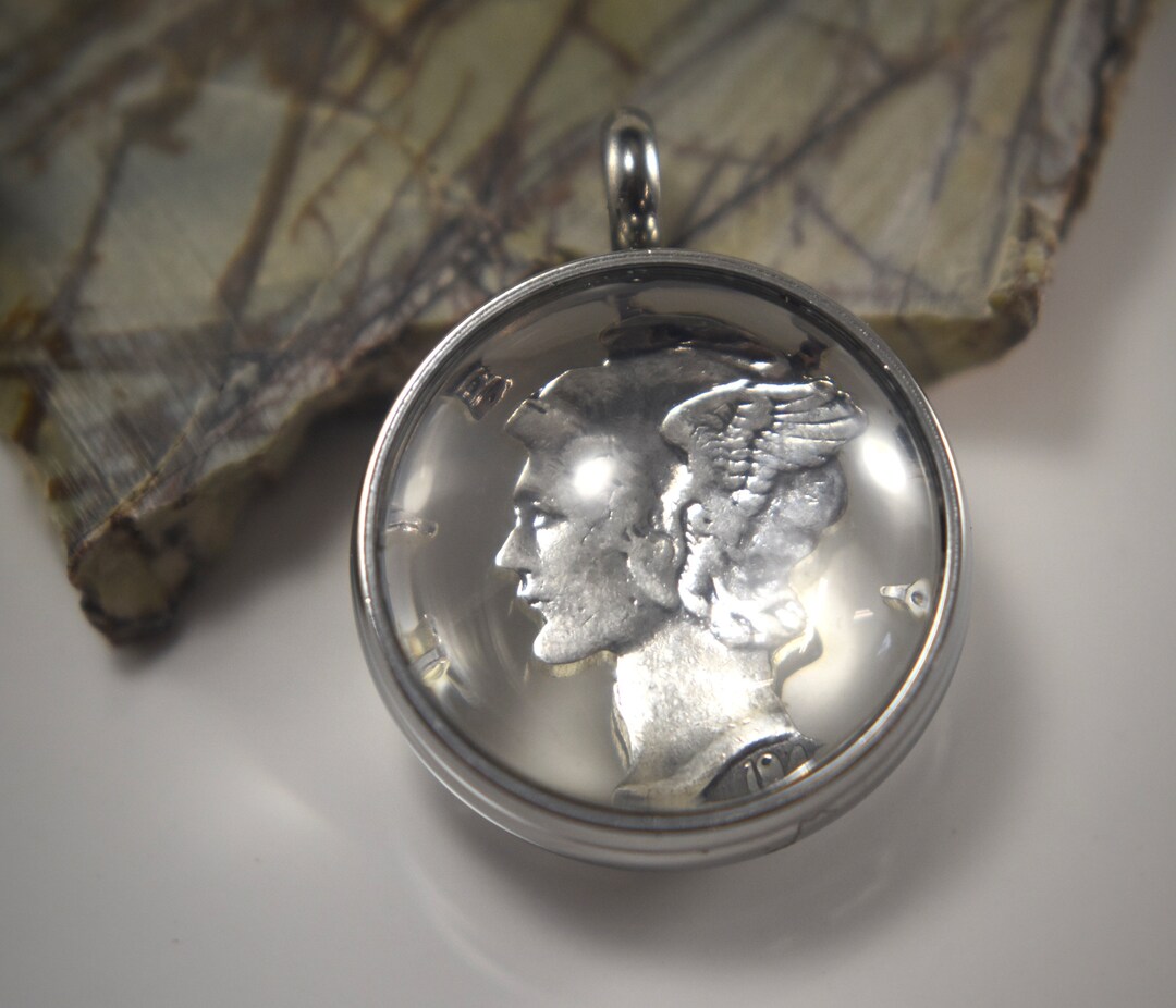 Hand Sawn Winged Victory Silver Dime Coin Filagree Set in A Magnifying ...