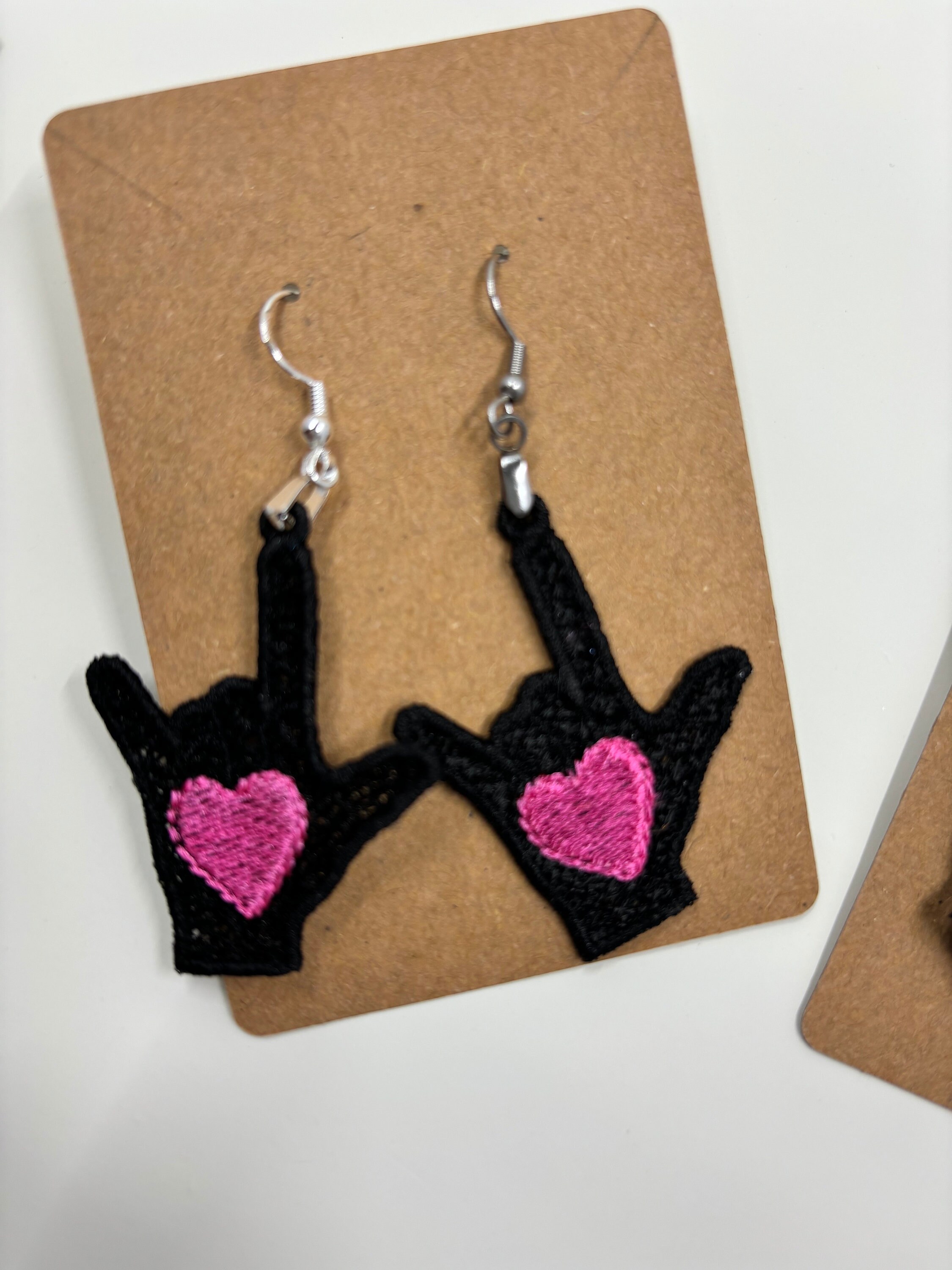 Sign Language I Love You Sign the Hand in Black and Pink Valentines Day Gift Lace Earrings ...