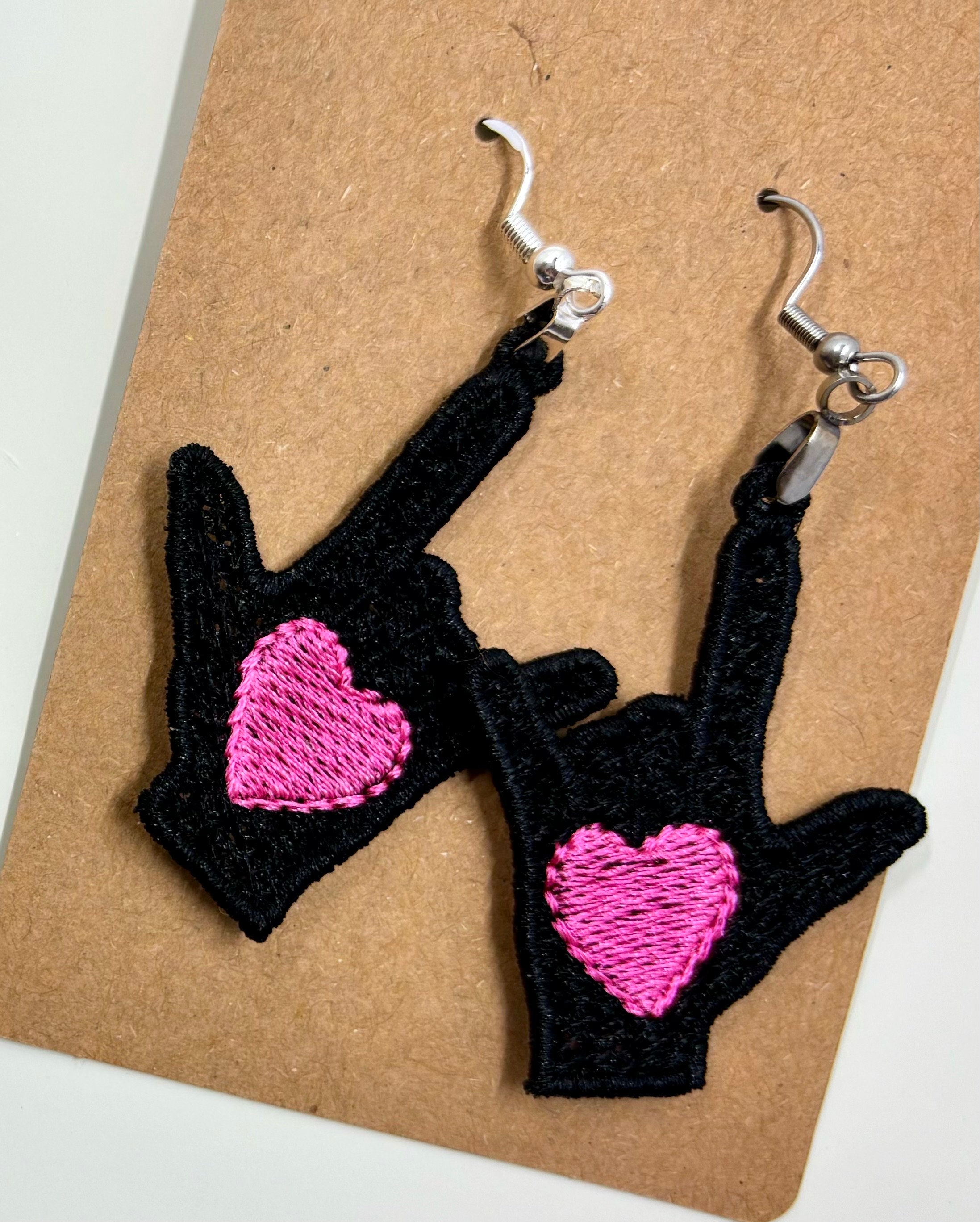 Sign Language I Love You Sign the Hand in Black and Pink Valentines Day Gift Lace Earrings ...