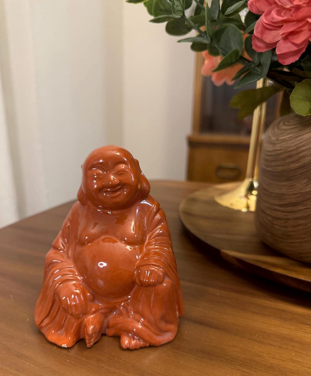 Vintage 1981 Handmade Ceramic Happy Buddha Statue Figurine Orange/brown ...