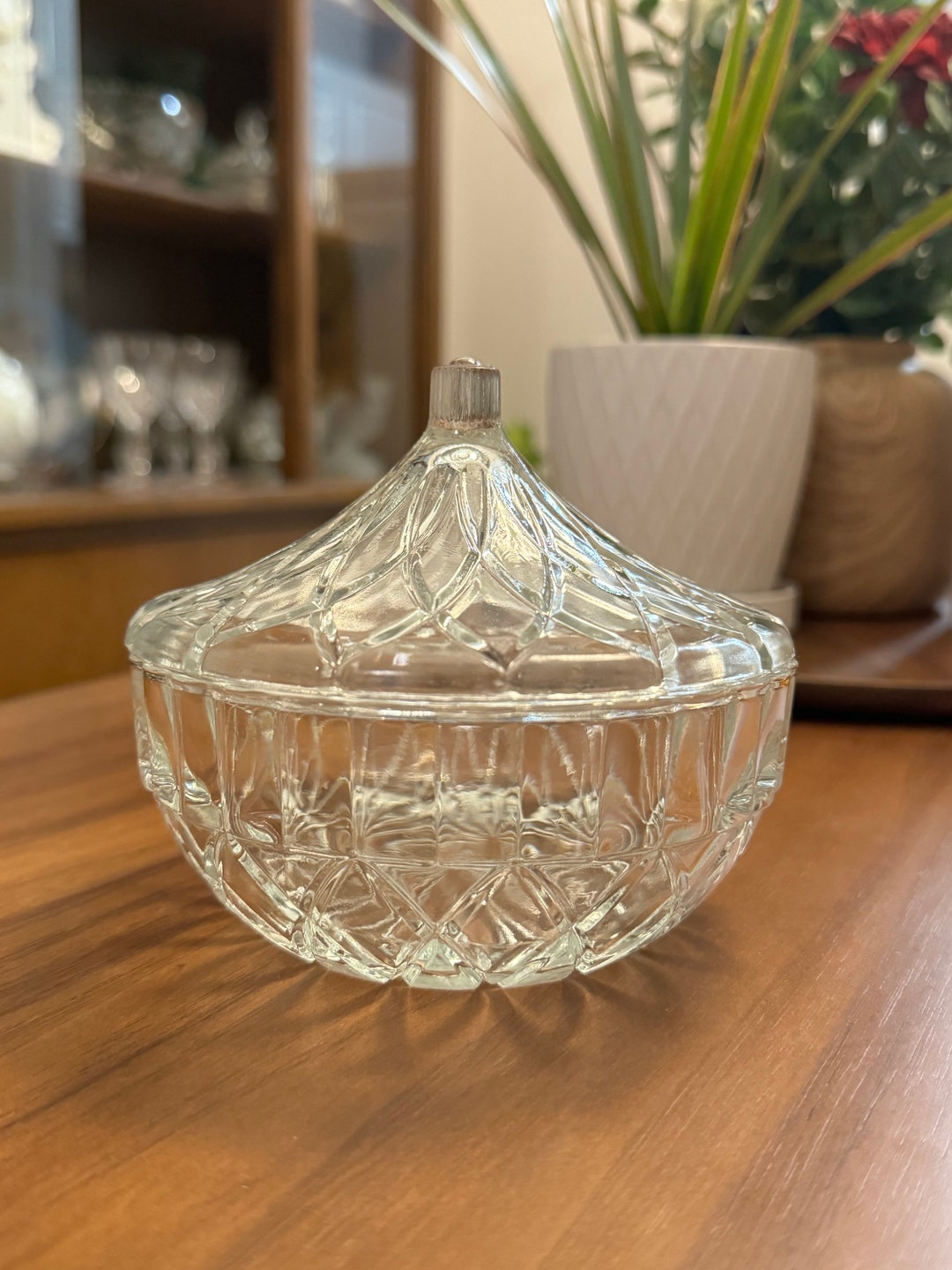 Vintage Pressed Glass Small Clear Candy Dish With Lid- Flower Detail ...
