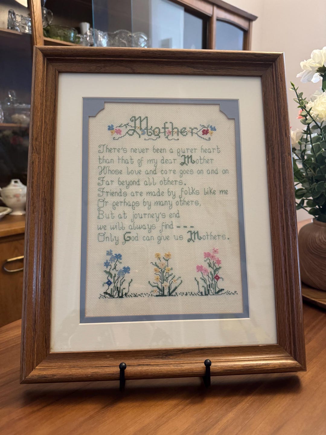 Large Vintage ‘mother’ Needlepoint Poem With Floral Detail Wooden ...