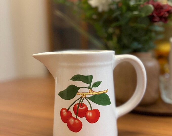 Vintage Ceramic White Pitcher With Handle and Cherries Pattern- 6” Tall ...