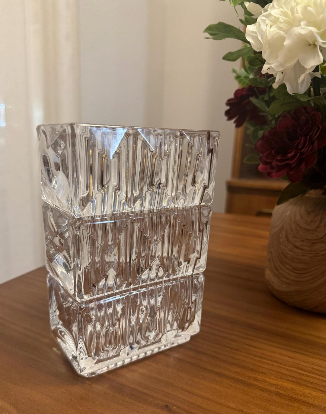Vintage Rectangular Crystal Glass Geometric Floral Flower Vase MCM ...