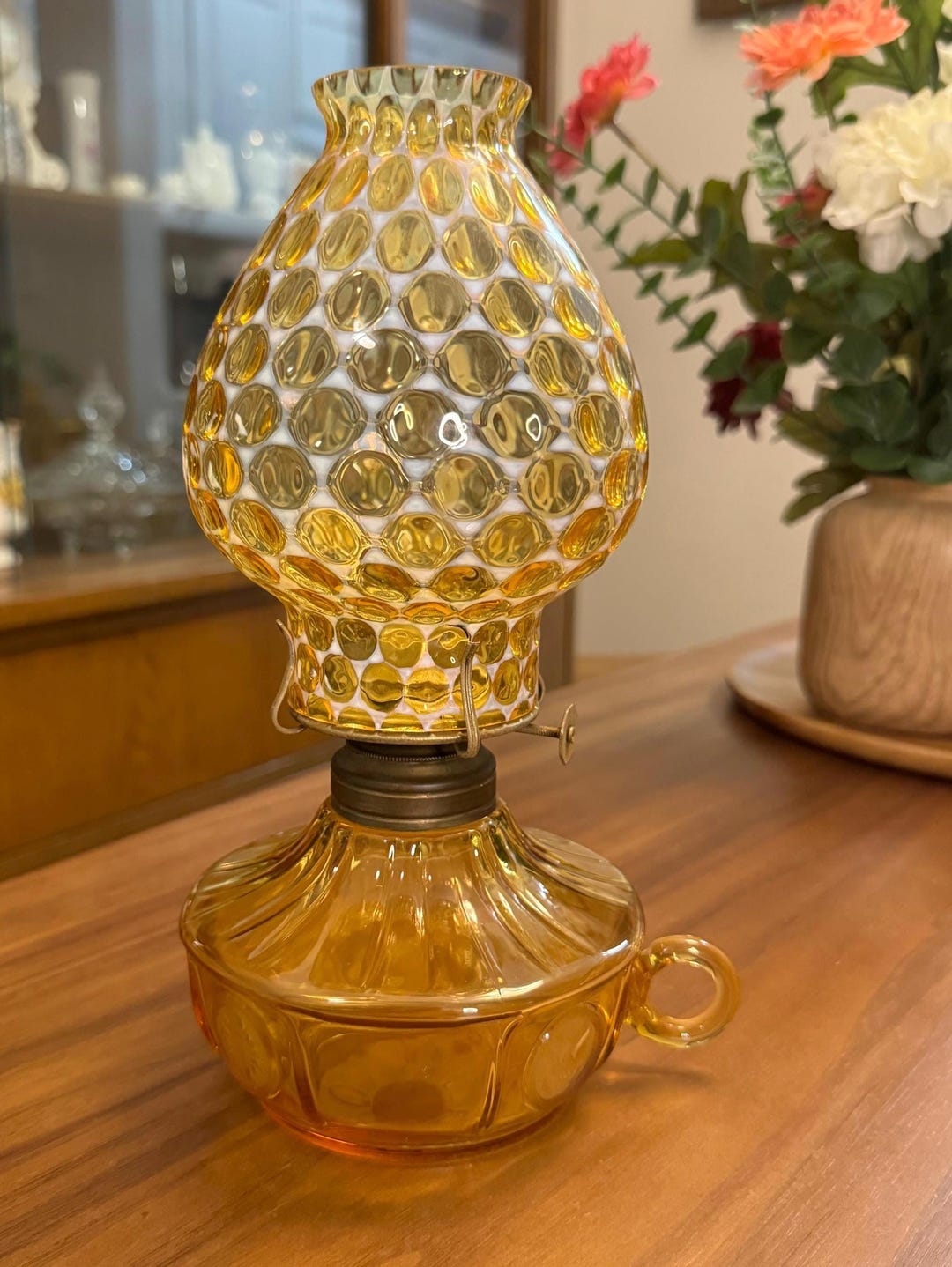 Vintage Amber Fostoria Coin Dot Glass Oil Lamp - Etsy