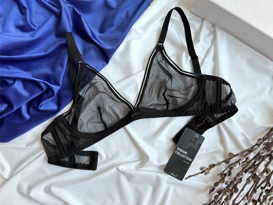 Black Transparent Bra, Black Mesh Underwear, Triangle Bra, Mesh ...