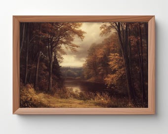 Rustic Moody Fall Lake Landscape, Vintage Autumn Oil Painting Wall Art ...