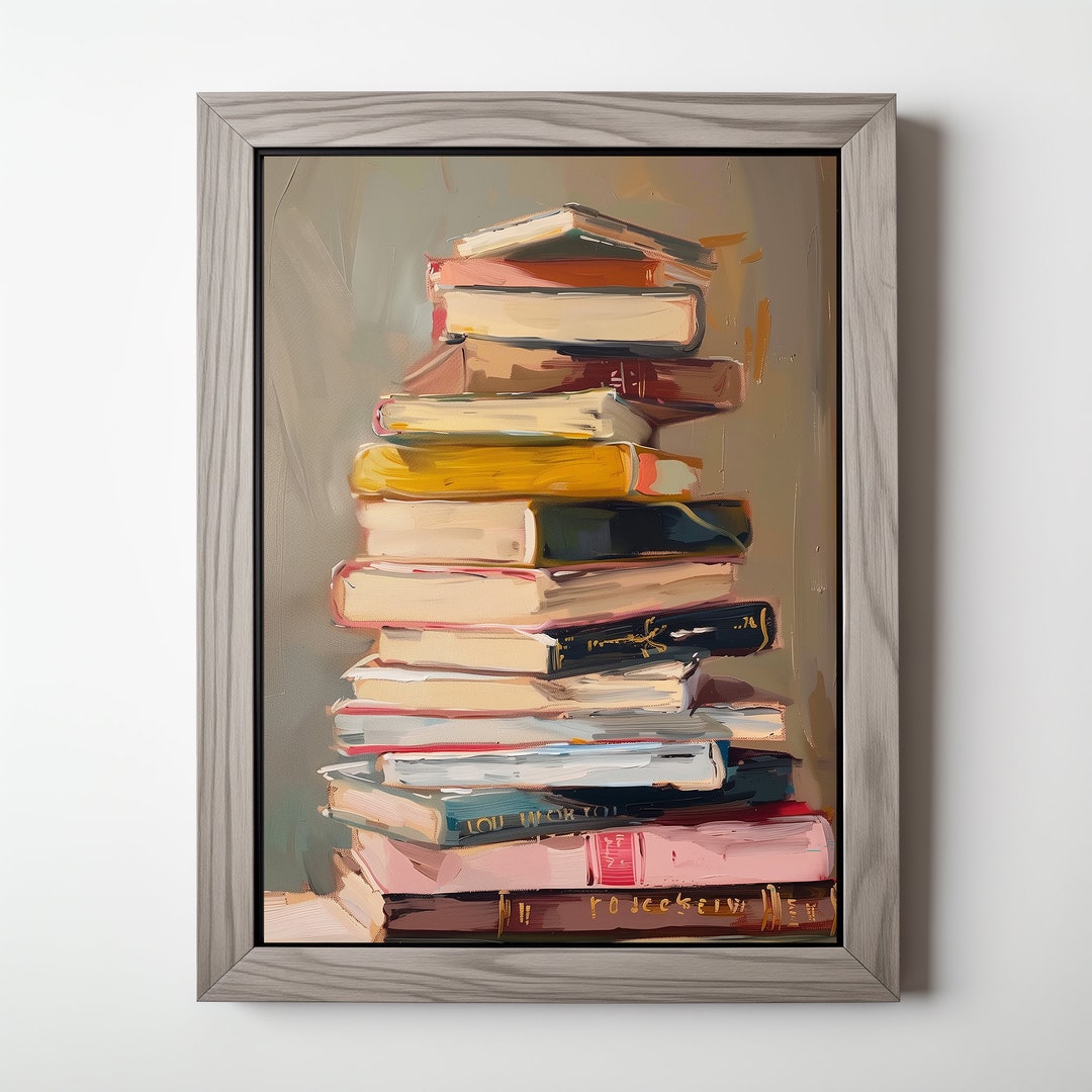 Bookstack Wall Art: Book Lover Print, Stack of Books Painting, Trendy ...
