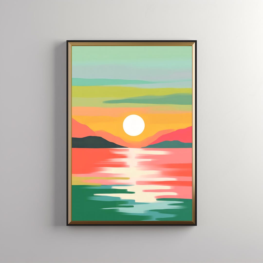 Modern Abstract Sunset Art Print: Colorful Coastal Landscape (digital ...
