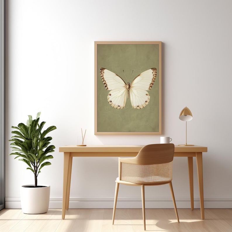 Vintage White Butterfly Print: Moody Olive Green Wall Art (digital ...