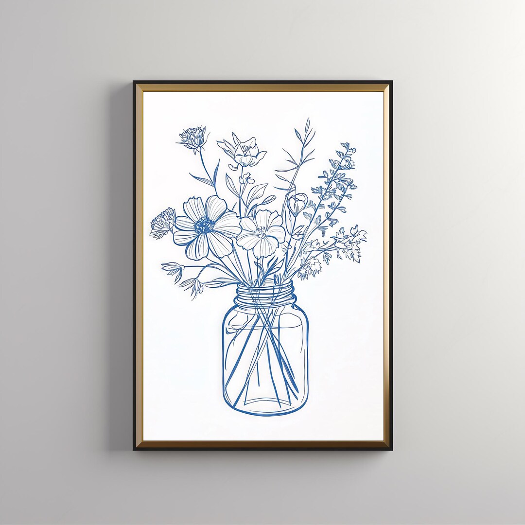 Blue Floral Bouquet Print: Modern Fine Line Art (digital Download) 311 ...