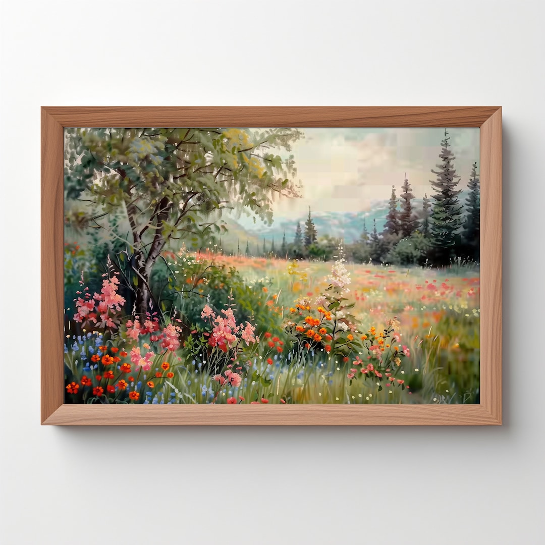 Wildflower Field Print: Rustic Vintage Landscape, Wildflower Wall Art ...