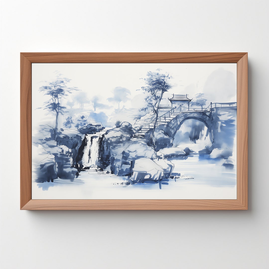 Blue Willow Wall Art: Vintage Landscape Painting, Chinoiserie Printable ...