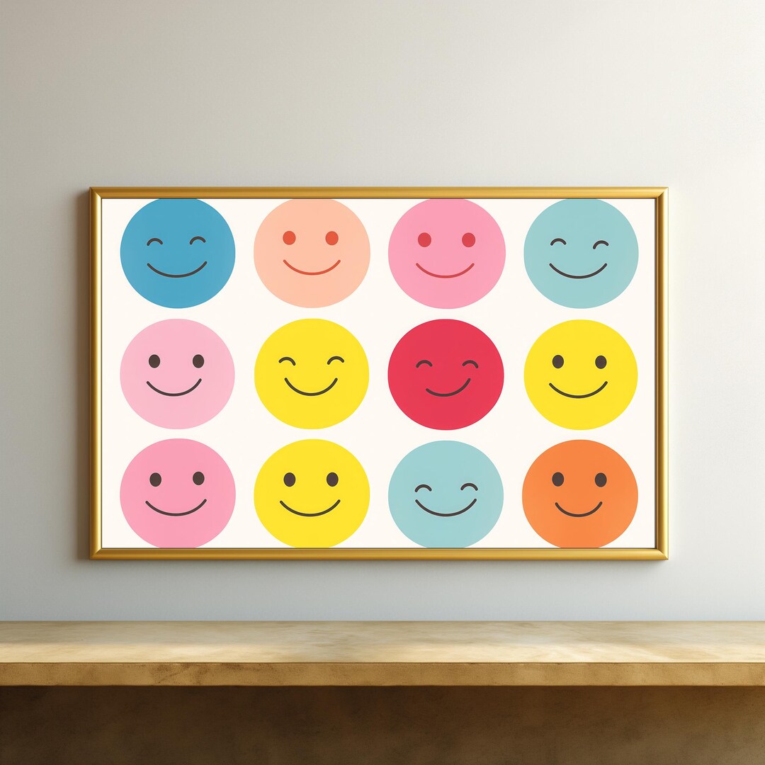Retro Smiley Face Print: Kids Wall Art, Modern Playroom, Boho Rainbow ...