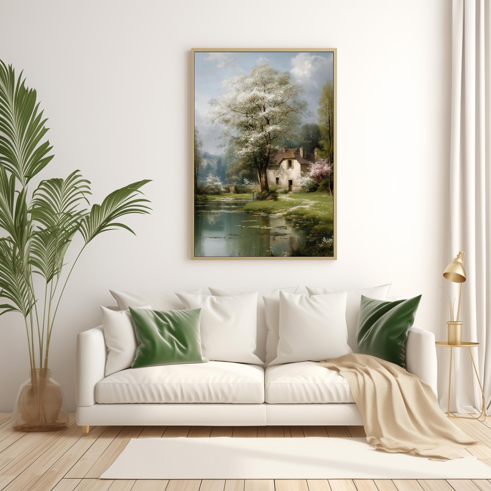 Vintage Spring Cottage Lake Art Print: Farmhouse Landscape (digital ...