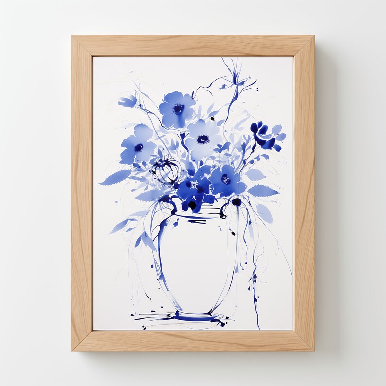 Blue Floral Drawing: Bohemian Flower Vase Still Life (digital Download ...