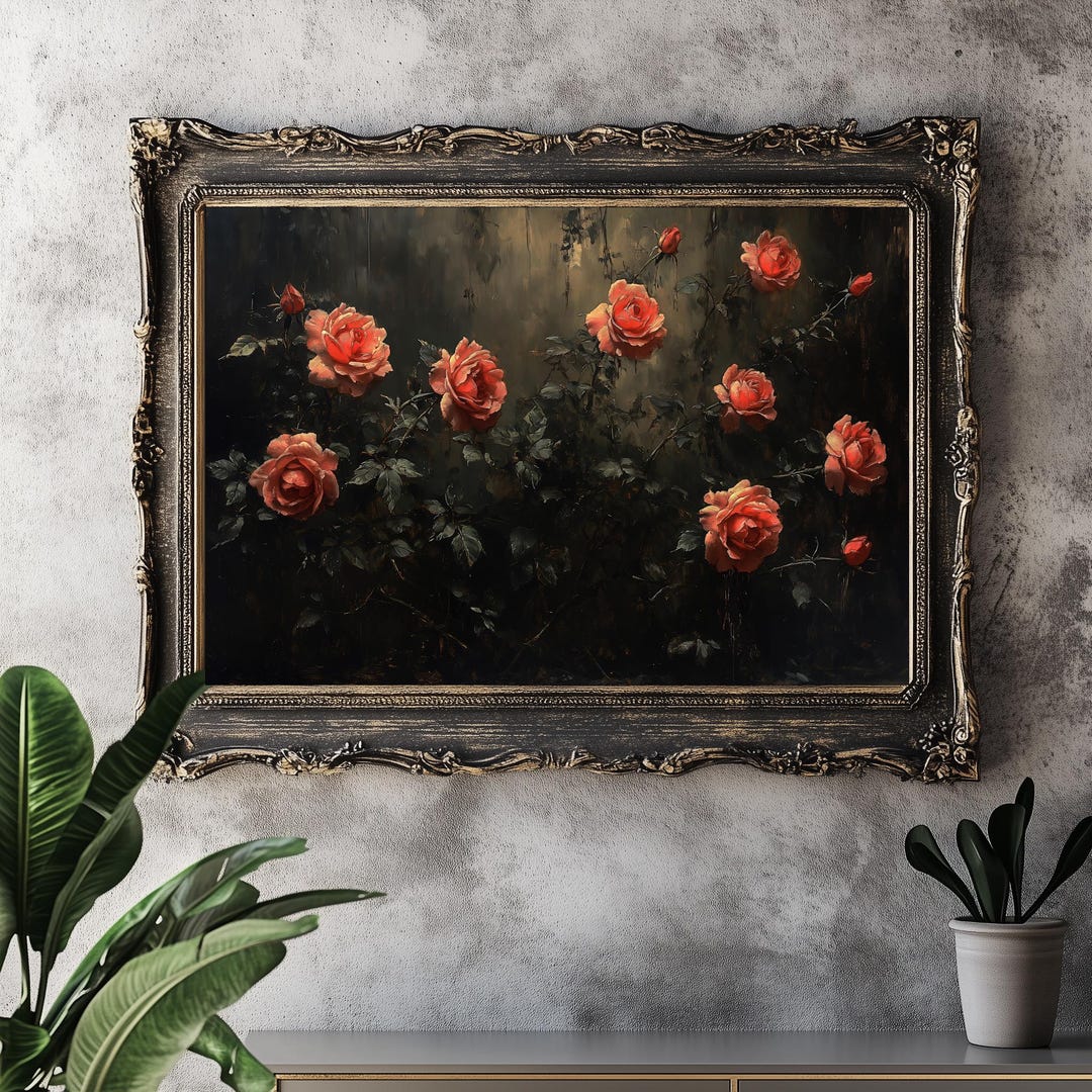Moody Dark Botanical Floral Rose: Flower Art, Dark Cottagecore Gothic ...