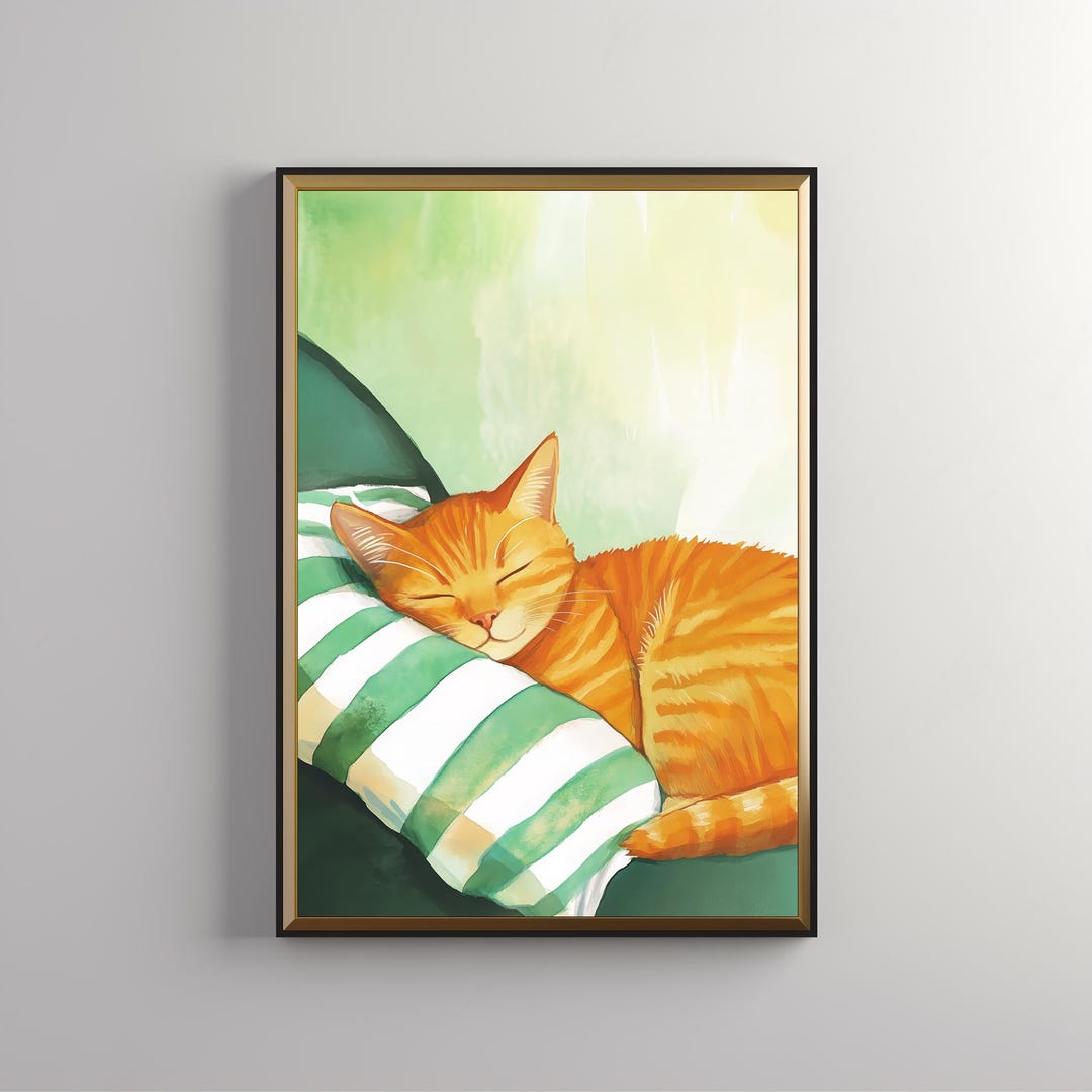 Cozy Cat Art Painting: Whimsical Sleeping Cat, Cute Pet Portrait, Cat ...