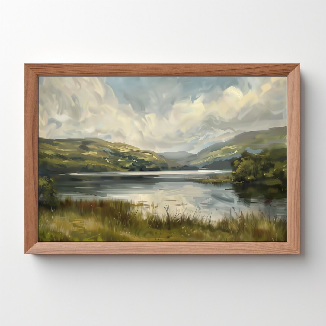 Vintage Lake Landscape Painting: Spring Meadow Nature Print (digital ...