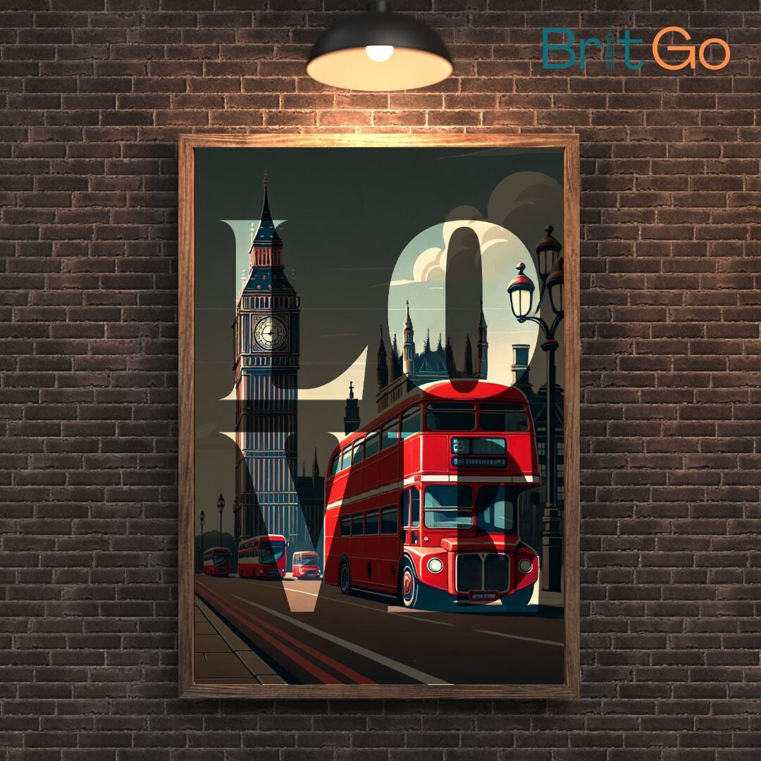 London Poster Art Big Ben and Red Bus Natural Wood Frame Vintage ...