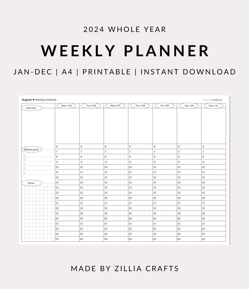 Weekly Planner : 2024 Whole Year Dated, Printable Landscape, Minimalist ...