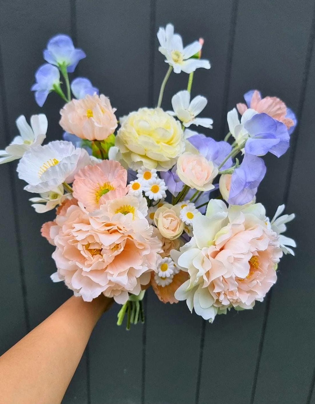 Soft Pastels Artificial Flower Bouquet, Blush Peach Yellow Whimsical ...