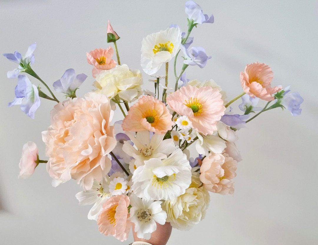 Soft Pastels Artificial Flower Bouquet, Blush Peach Yellow Whimsical ...