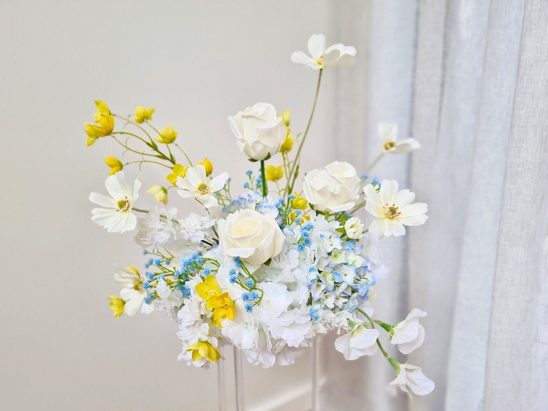 Limoncello Theme Silk Flower Arrangement: White, Yellow & Blue Faux ...