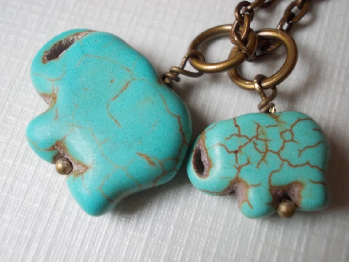 Turquoise Elephant Necklace Blue Stone Mother and Child Girl Boy Son ...