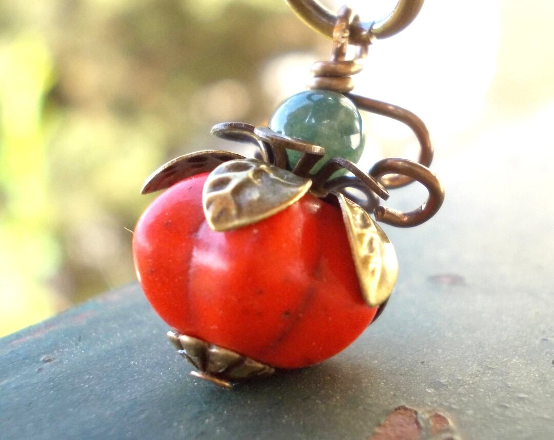Pumpkin Necklace, Organic Pumpkin Pendant Stone Bead Moss Agate Brass ...