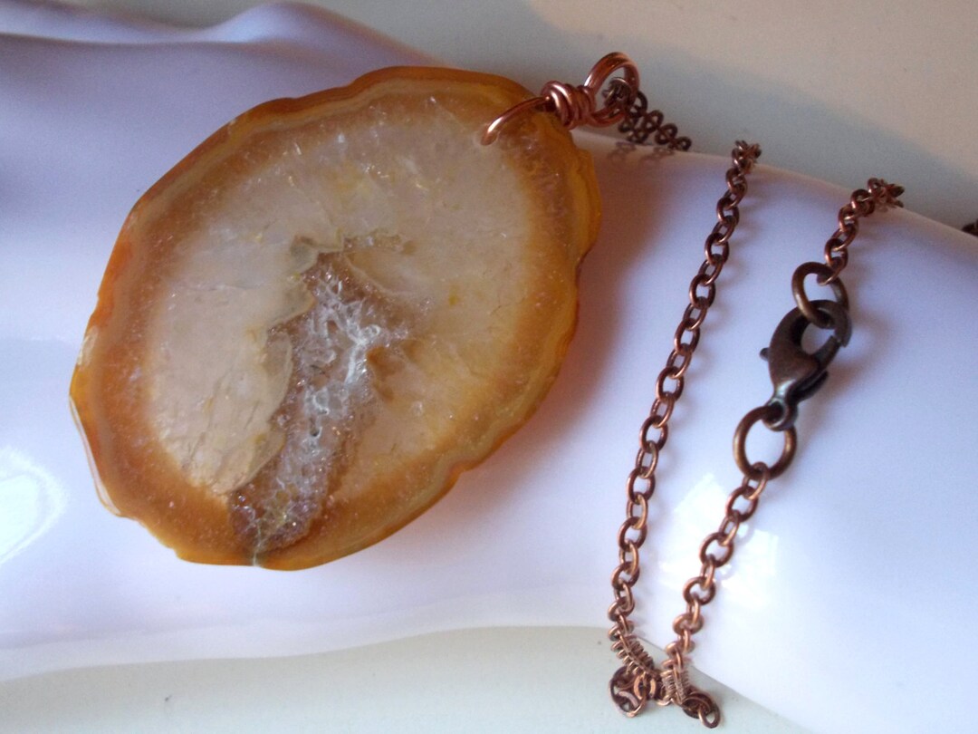 Large Agate Slab Necklace Cinnamon Brown Stone Pendant Copper Long ...