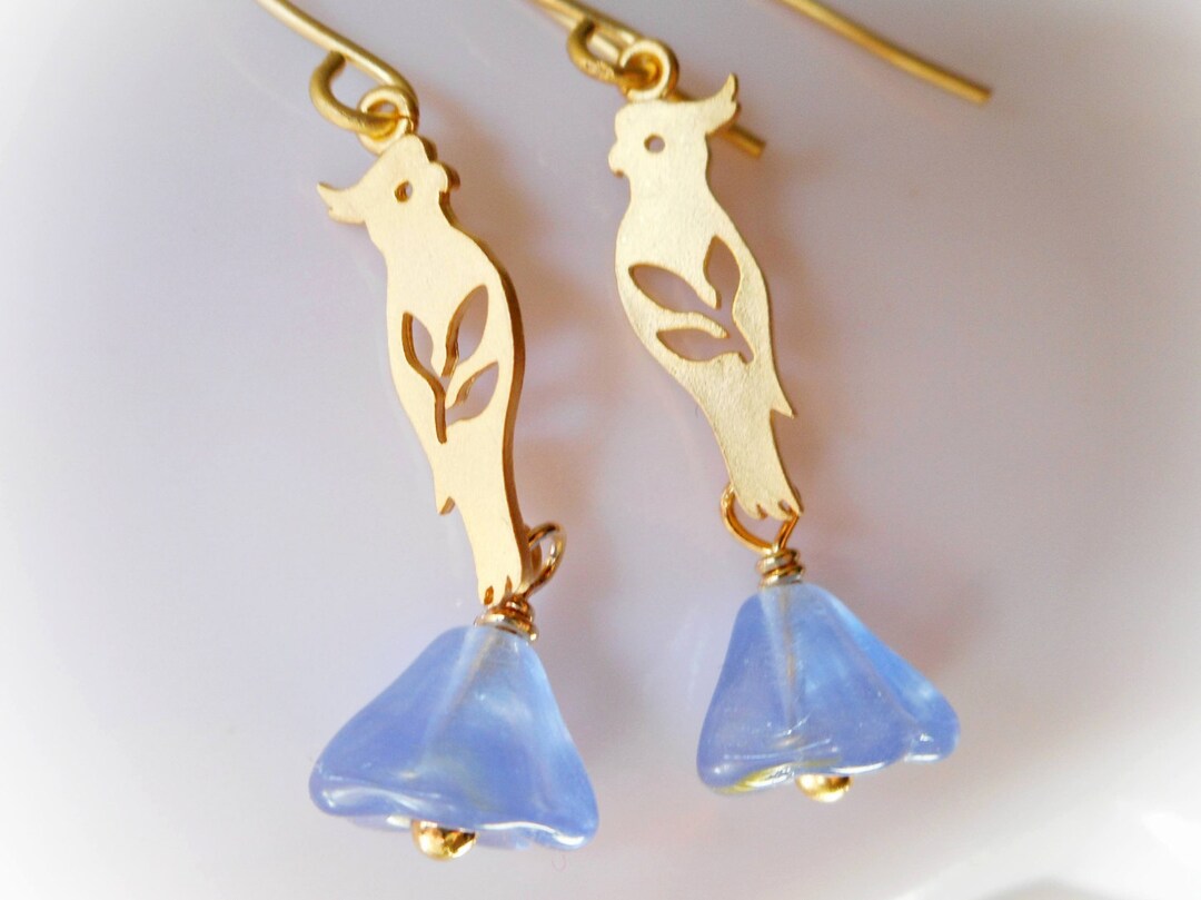 Parrot Earrings Periwinkle Flower Purple Blue Bird Gold Plated Delicate ...