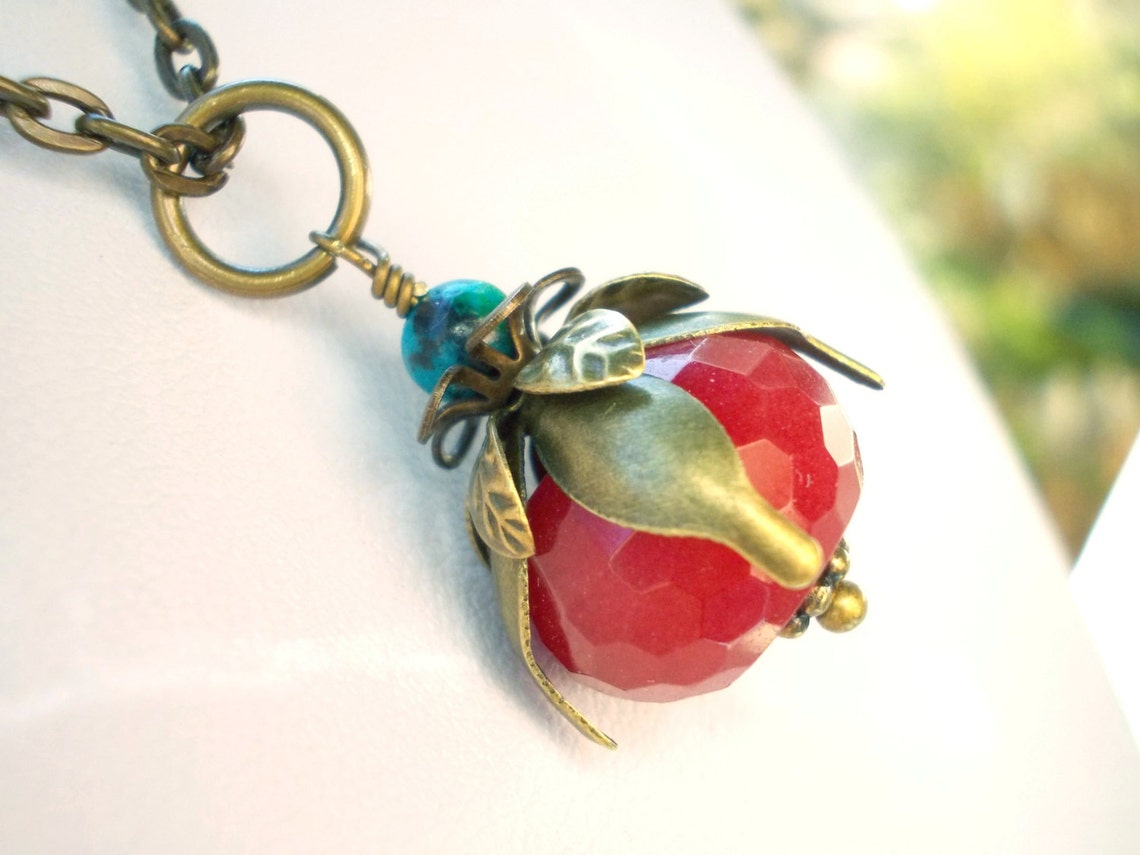 Necklace Ruby Jade Pomegranate Necklace Chrysocolla Cherry Deep Red Gemstone Bead Brass ...
