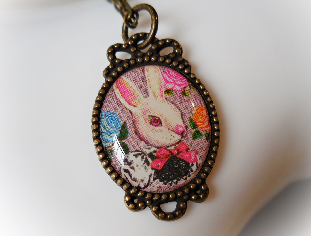 White Rabbit Necklace, Cute Bunny Jewelry, Pink Easter Rabbit Necklace ...