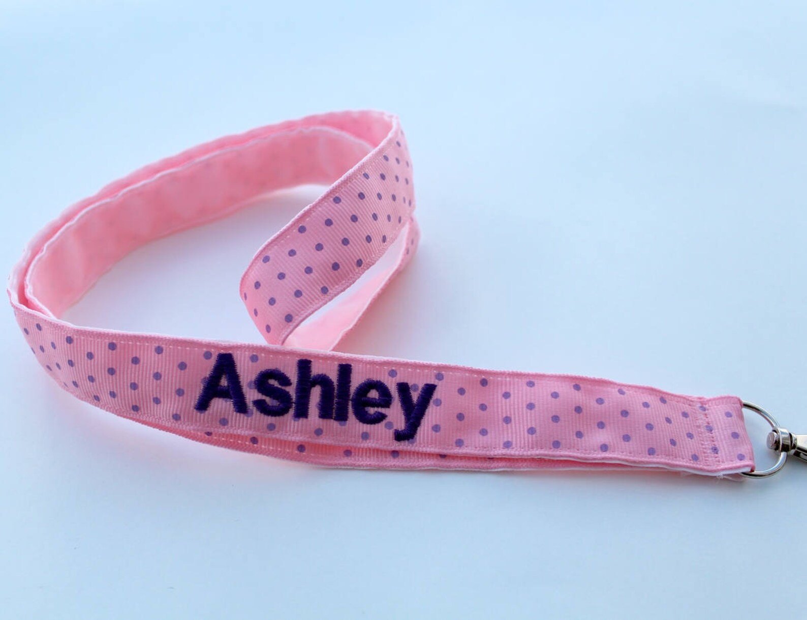 Personalized Pink Polka Dot Teacher Lanyard, Embroidered Velvet Ribbon ...