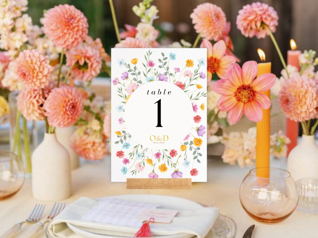Plantilla de números de mesa para bodas con flores silvestres, números de mesa imprimibles ...