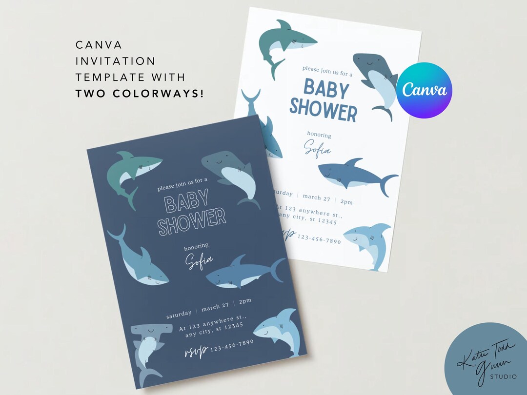 Shark Baby Shower Invitation Template, Hand Drawn Canva Invite (5x7) - Etsy