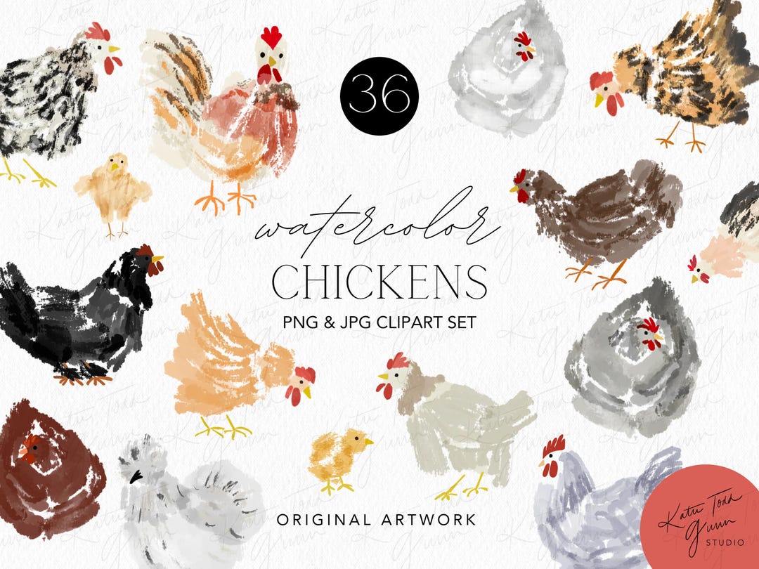 Watercolor Chicken Clipart, Chicken Artwork, Baby Chick Prints, Farm ...