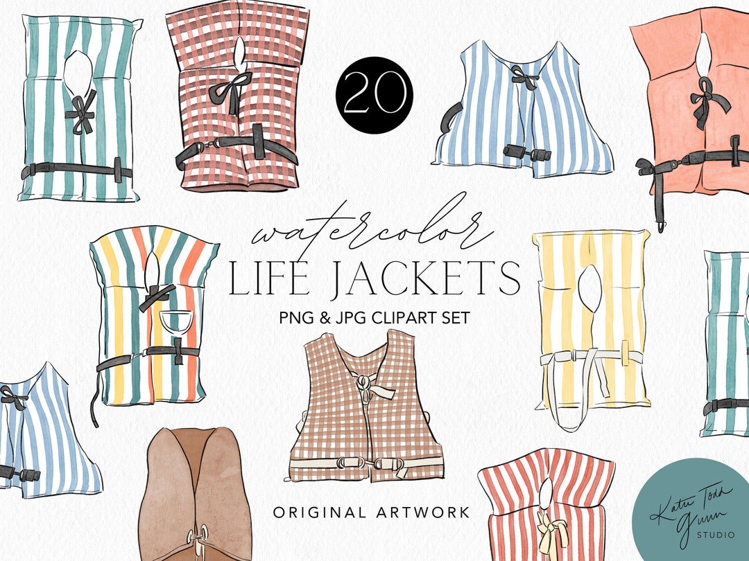 Watercolor Life Jacket Clipart, Nautical Prints, Life Jacket Art, Lake ...