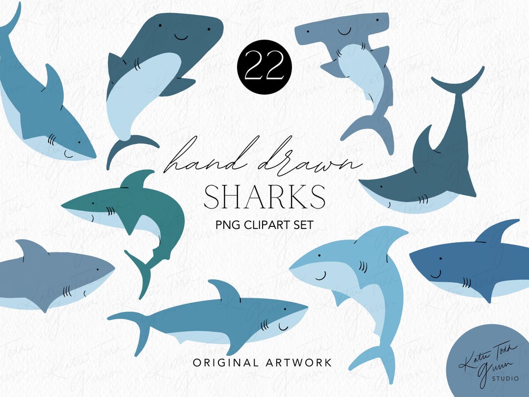 Hand Drawn Shark Clipart, Ocean Nursery Art (PNG, JPG) - Etsy