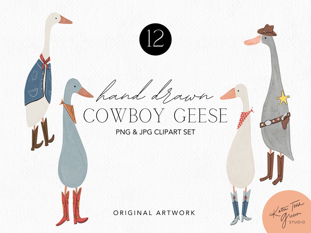 Hand Drawn Cowboy Geese Clipart, Original Cowboy Animals, Duck Clipart ...