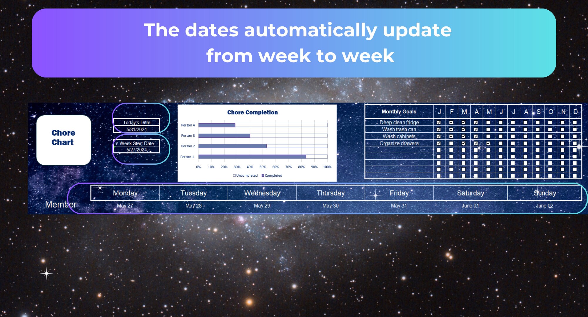 Cleaning Schedule Chore Chart Galaxy Theme Excel Spreadsheet Template ...