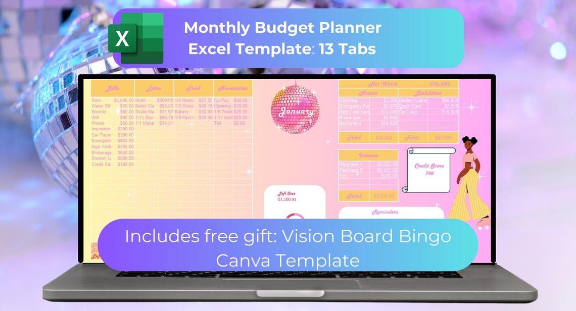 Pink Disco Monthly Budget Planner: Excel Template + Vision Board (canva ...