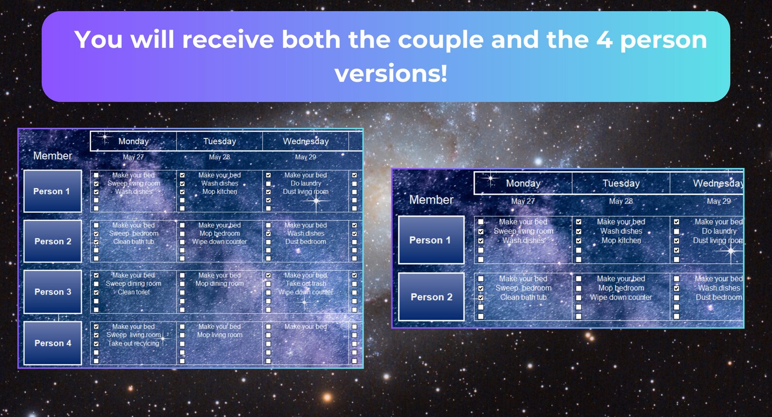 Cleaning Schedule Chore Chart Galaxy Theme Excel Spreadsheet Template ...